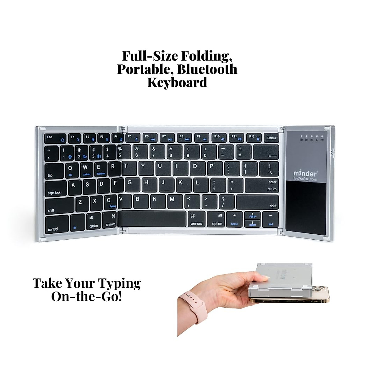 obVus Solutions - minder Foldable Keyboard Bluetooth with Trackpad – Wireless Portable Full-Size Travel Keyboard with Touchpad for Laptop, Tablets, and Phones