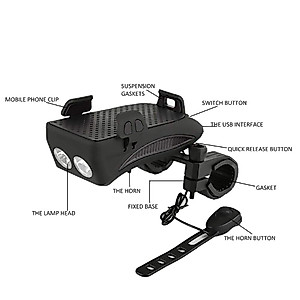 Bicycle Headlight Bike Lights USB Rechargeable 4 in 1 Multifunction Bicycle Headlight with Mobile Phone Stand 4000 MAH Power Bank 130 dB Speaker 400 Lumen IPX65 Waterproof Bike Headlight