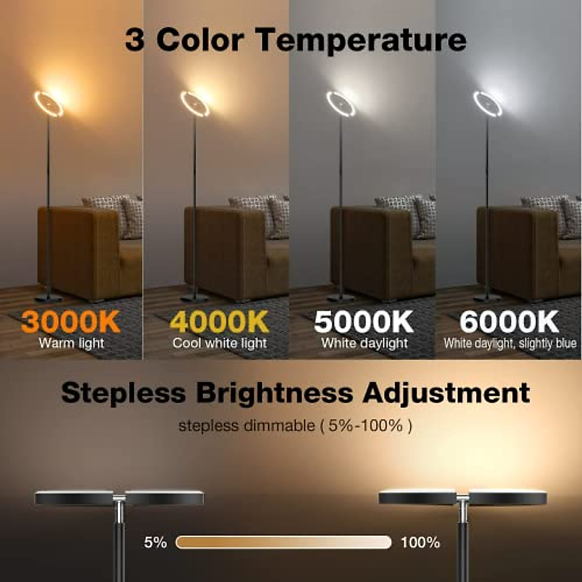 Floor Lamps for Living Room,SIBRILLE Modern Stepless Dimmable Standing Lamp 3000-6000K,20W LED Rotatable Reading Standing Light,Touch&Remote Control Uplighter Floor Lamp for Living Room Bedroom Office