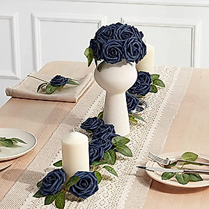 H.FLOLAVIDA Navy Blue Foam Rose Artificial Flowers Heads with Stems, 25pcs Fake Flowers for DIY Wedding Decor, Baby Shower, Bridal Shower, Wedding Bouquet,Party Centerpiece Table Decorations, 1 box
