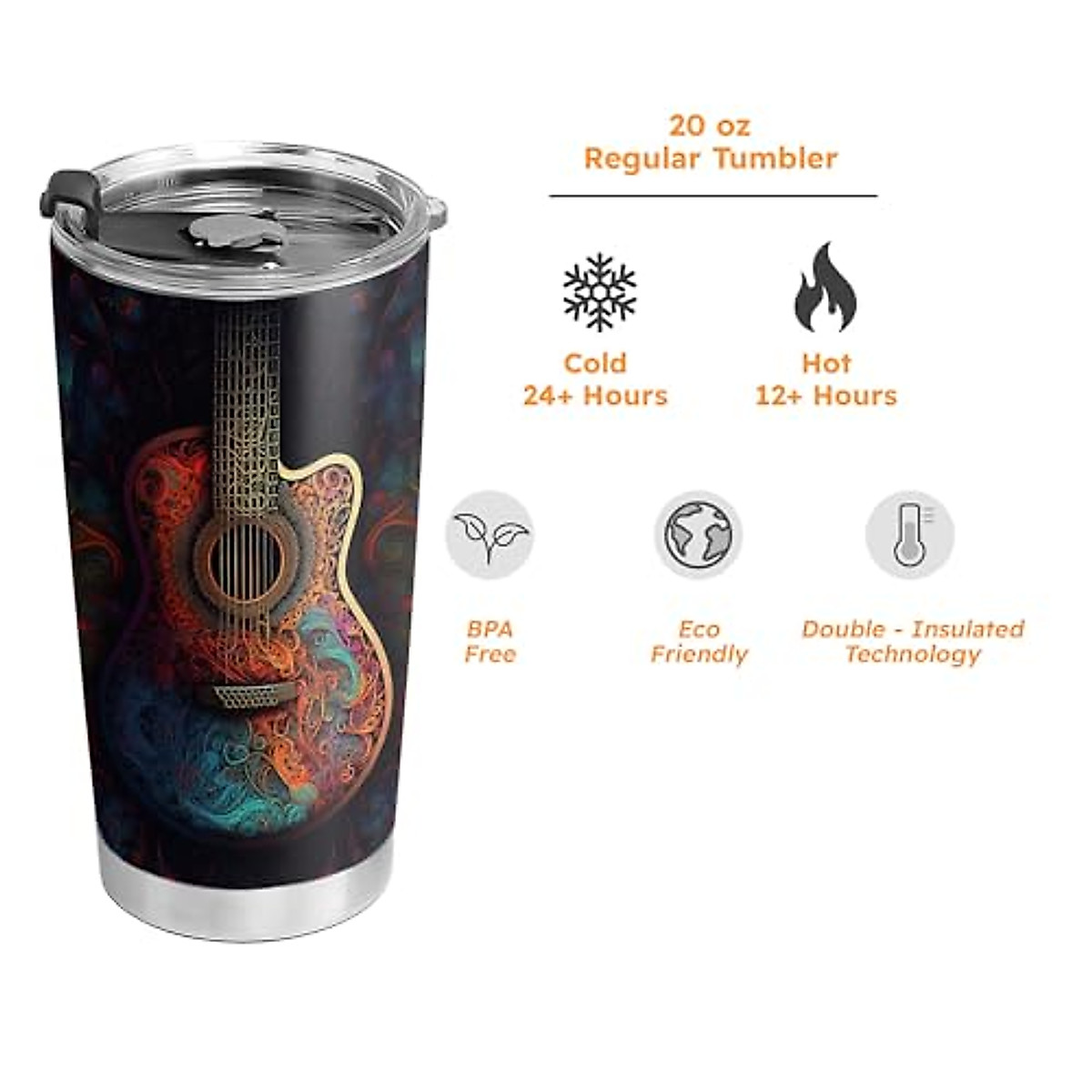 20oz Hippie Acoustic Guitar, Guitarist, Musician Gifts, Coffee Thermos for Men, Women, Stainless Steel Double Wall Vacuum Insulated Coffee Mug, Travel Cup with Lid