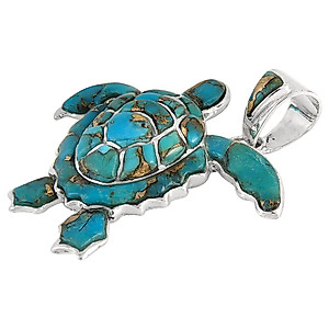 Turtle Pendant Necklace 925 Sterling Silver Genuine Gemstones (Teal/Matrix Turquoise)