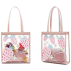 Women PVC Cute Prints Shopping Tote Clear Transparent Shoulder Bags with Double Handle (Pink)