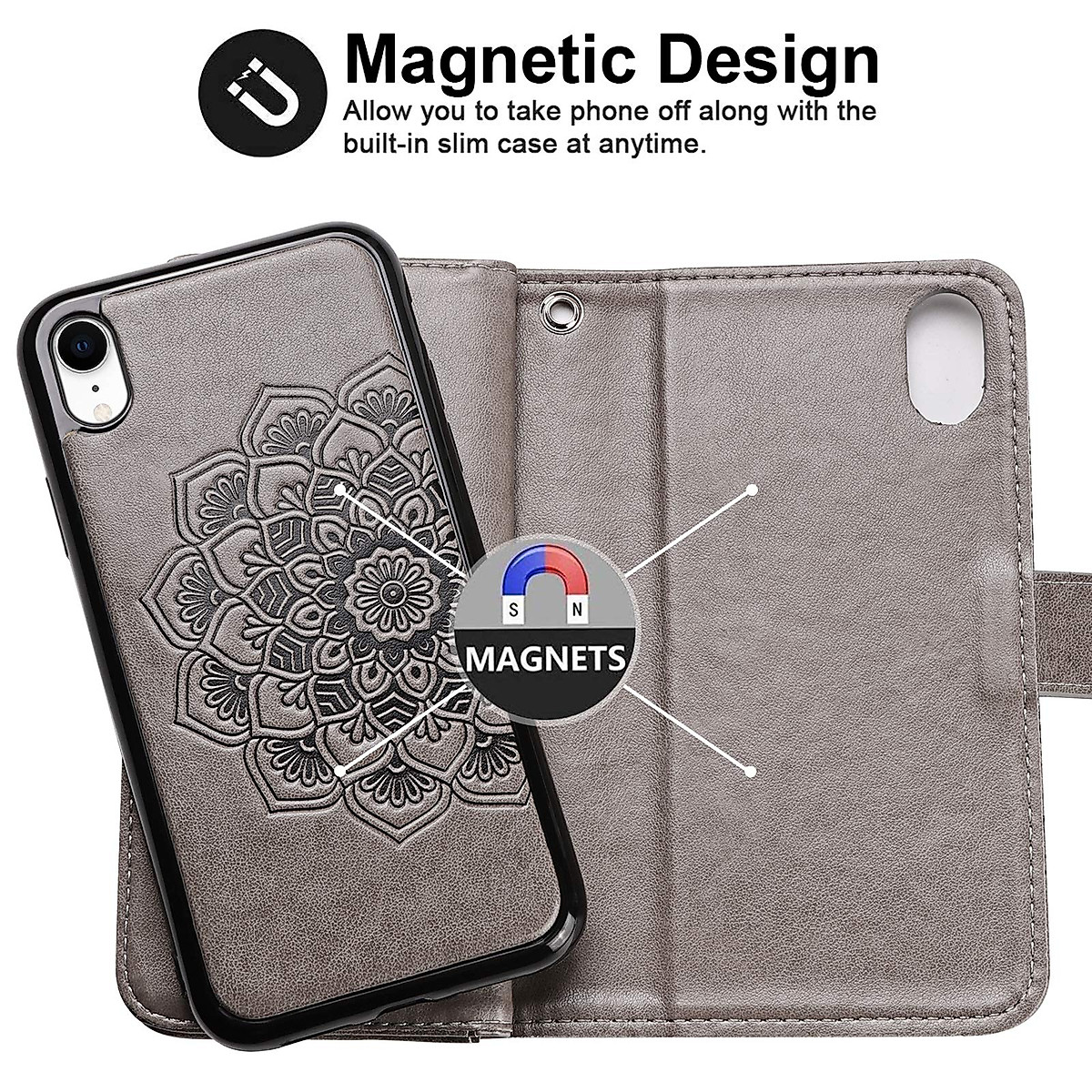 Vofolen Case for iPhone XR Case Wallet Card Holder Leather PU Flip Cover Folio Detachable Magnetic Slim Shell Dual Layer Heavy Duty Protective Bumper Armor Wristband for iPhone XR 10R Mandala Grey