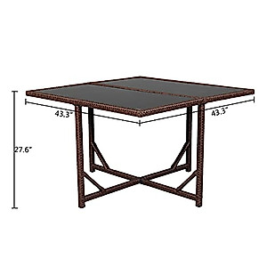 9 Pieces Wood Grain PE Wicker Rattan Dining Ottoman with Tempered Glass Table Patio Furniture Set, Stylish and Durable Patio Furniture for Outdoor, Wicker Patio Dining Set