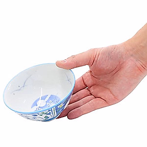 Mino Ware Rice Bowl Set, 4.4 inch, Red Rabbit Design, Blue, Japanese Ceramic Bowls, 5.2 oz, Set of 2