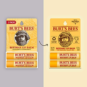Burt's Bees Lip Balm - Original Beeswax, Lip Moisturizer With Responsibly Sourced Beeswax, Tint-Free, Natural Origin Conditioning Treatment, 2 Tubes, 0.15 oz.