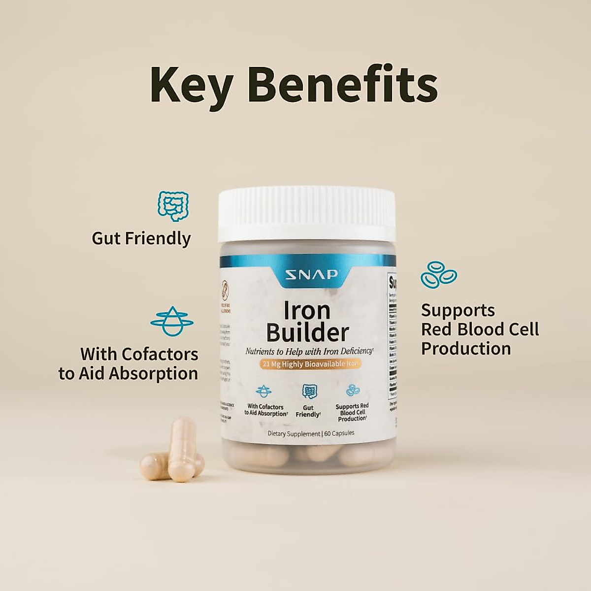 Natural Blood Builder Iron Supplements, 21mg Iron Pills to Increase Energy, Metabolism & Digestion, Absorbs Quickly Vitamins Organic Nutrients (60 Capsules)