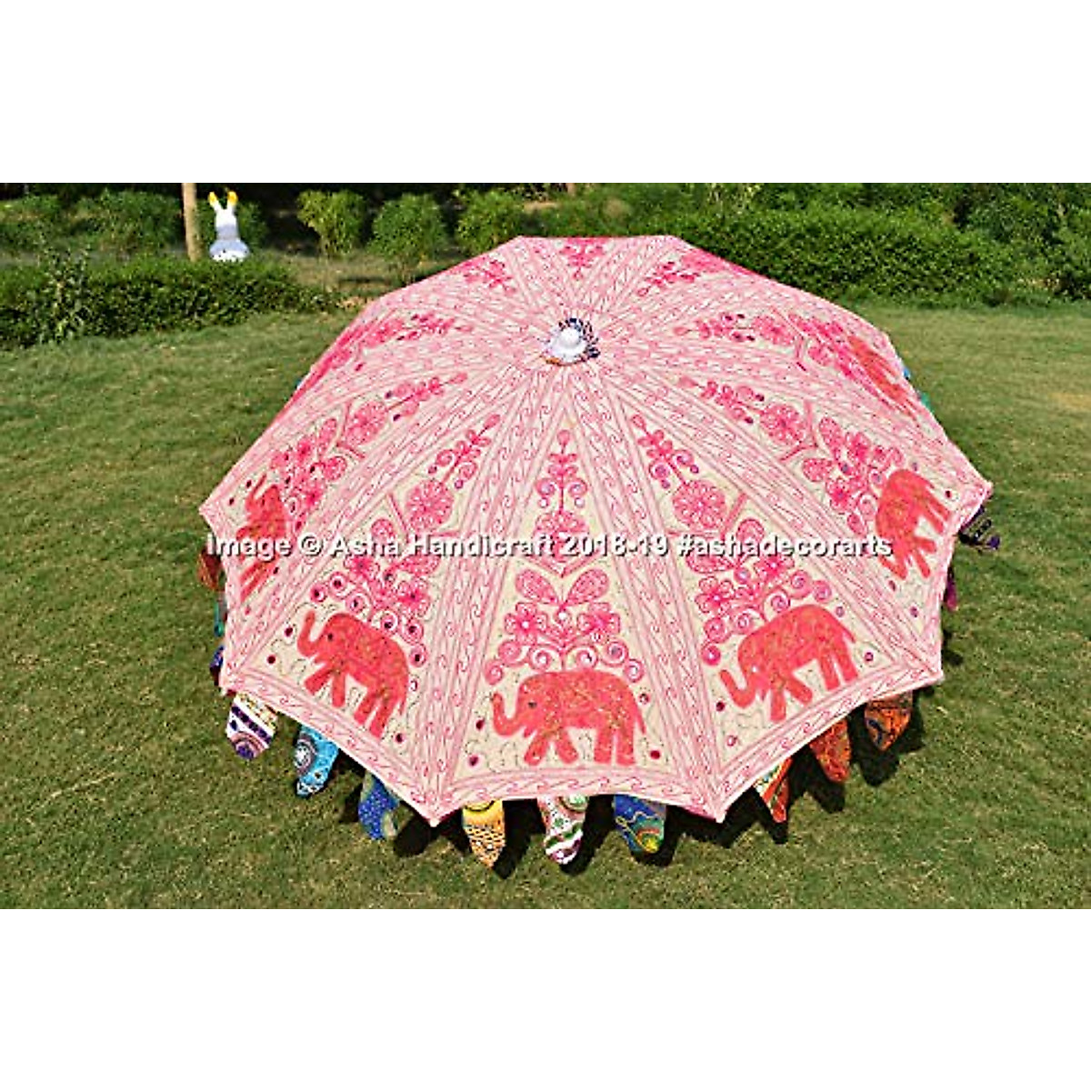 Asha Handicraft 72" Indian Handmade Embroidered Elephant Garden Umbrella, Large Outdoor Patio Parasols, Beach Umbrella Sun Shade Wedding Decorative Umbrellas (Large, White & Pink)