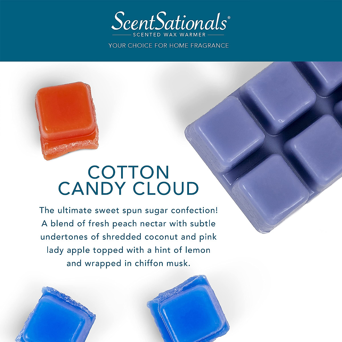 Scentsationals Scented Wax Fragrance Melts - Cotton Candy Cloud - Wax Cubes Pack, Home Warmer Tart, Electric Wickless Candle Bar Air Freshener, Spa Aroma Decor Gift - 2.5 oz (4-Pack)