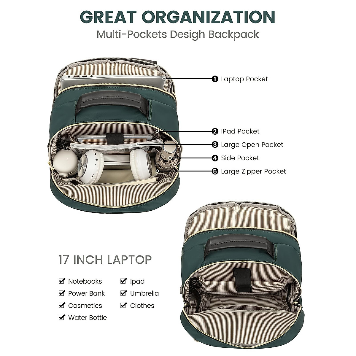 LOVEVOOK Laptop Backpack for Women, Large Capacity Travel Computer Work Bag with 17-inch Laptop Compartment, Business Nurse Backpack Purse, Hiking Outdoor Carry On Backpack, Deepgreen