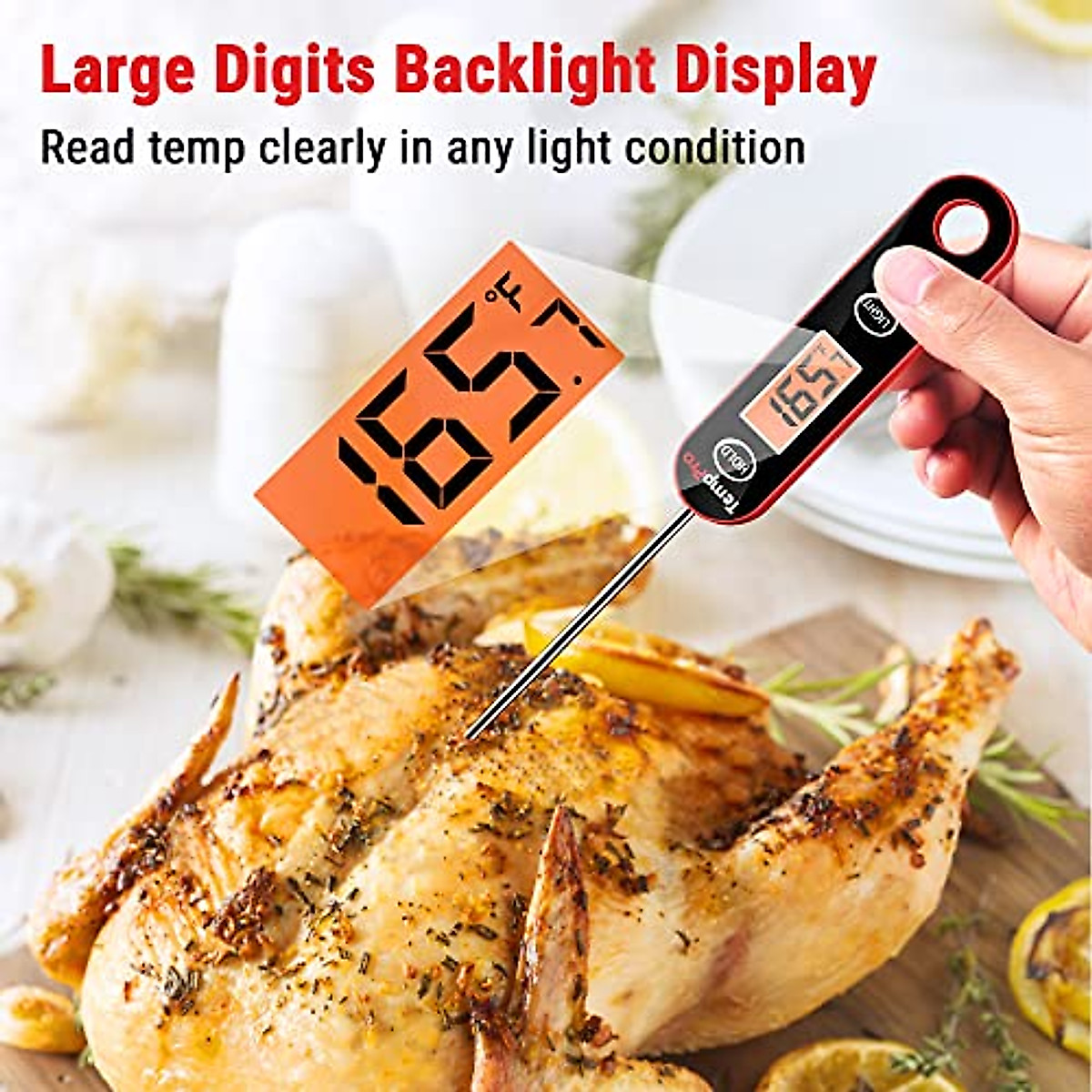 TempPro E30 Digital Meat Thermometer with Long Probe Kitchen Instant Read Cooking Food Thermometer for BBQ Smoker Grilling Oil Deep Fry Candy Thermometer with Large Backlit Display, Black/red