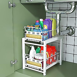 KOSIWU Under Sink Organizers and Storage, 2 Tier Kitchen Organizer and Storage with Sliding Drawer Pull Out Cabinet Organizer White Bathroom Countertop Organizer Undersink Organizer