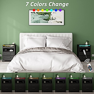 Modern Nightstand with LED Light and Charging Station, Wooden Bedside Table with 2 Drawers and Pull-Out Shelf, Small End Table for Bedrooms, Black