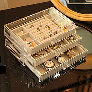 Acrylic Jewelry Boxes For Women With 3 Drawers Stackable Velvet Jewelry Organizer Holder for Earring Bangle Bracelet Necklace Ring Display Case Gift for Girls