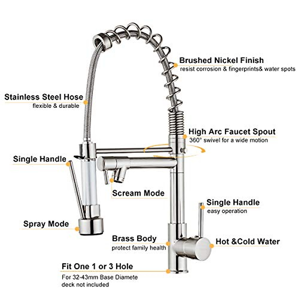 DEWINNER Pull Down Kitchen Faucet, Kitchen Sink Faucet with Sprayer, 2-spout, Single-Handle Control, Rotate 360 ​​Degrees, High Arc Spring Design, Brushed Nickel