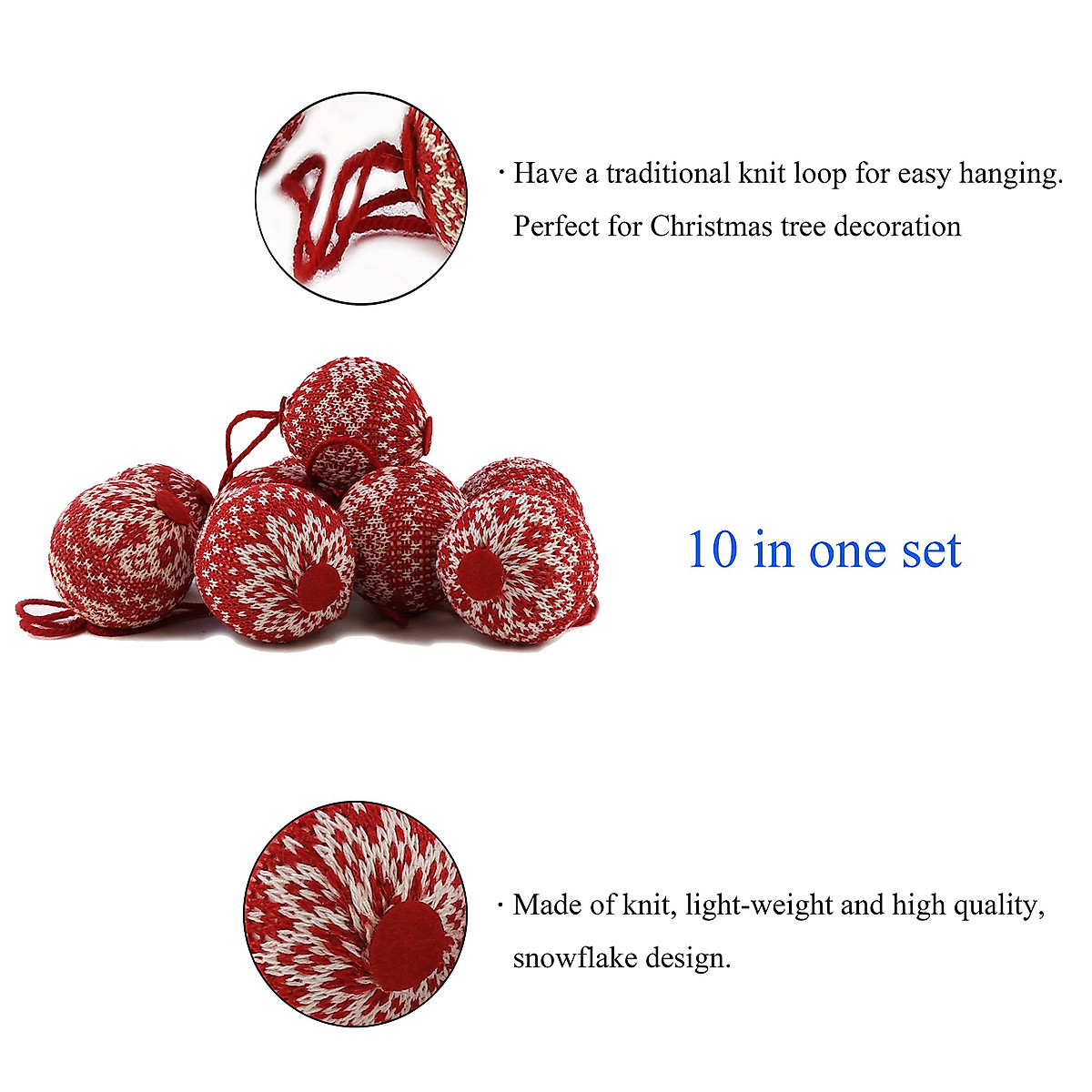 WEWILL 2.75" 10 PCS Red Knitted Sweater Christmas Ball Christmas Tree Ornaments Festival Xmas Party Gifts Decorations Snowflake Pattern