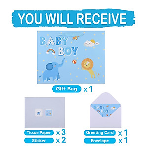 13" Large Blue Gift Bag Set with Greeting Card and Tissue Paper(Elephant and Lion Design) for Baby Boy,Baby Shower,Kids Birthday Party,Newborn,New Moms or Parents - 13” x 5.2” x 10.2”, 1 Pcs.