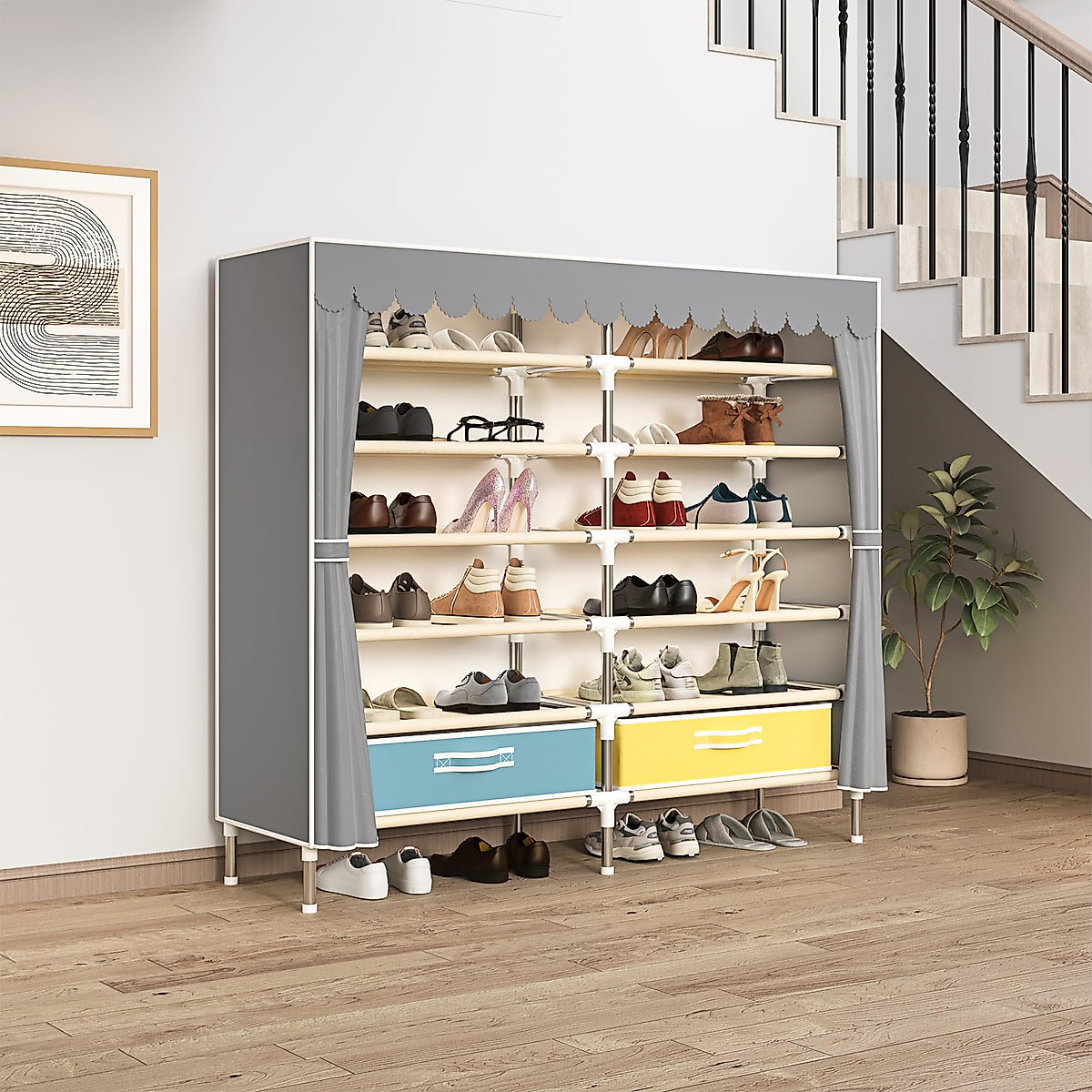 LEAIJIAFY Double Row 6 Tier Shoe Rack Storage Organizer with Cover and 2 Drawers,Portable Standing Shoe Shelf for Garage EntrywaySmall Spaces,16MM Metal Tubes,Gray