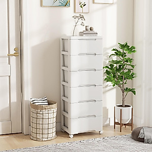 LOKO 7-Drawer Plastic Rolling Storage Cart, Mobile Storage Cabinet with 4 Universal Wheels, Vertical Storage Tower Container Unit for Living Room, Bedroom, Home Office, White (16”x13"x45” (7 Drawers))