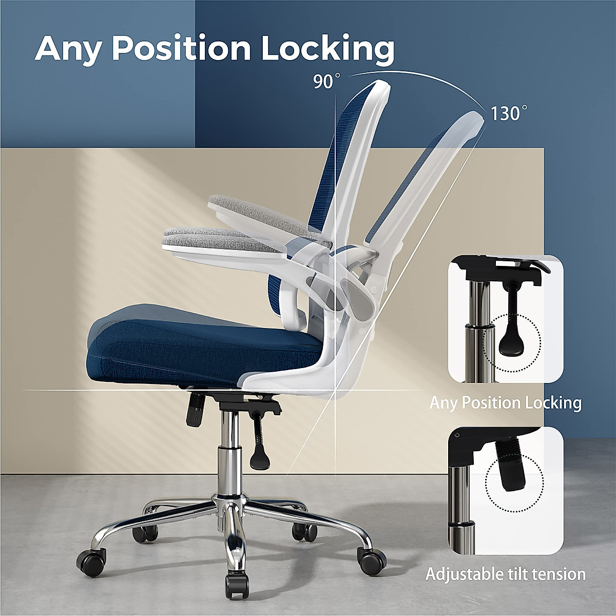 Logicfox Ergonomic Office Chair, Desk Chair with Flip-up Arms, 2D Lumbar Support, Breathable Mesh Computer Chair with Thick Cushion, Comfortable Office Chair with 90°-130° Tilt Function