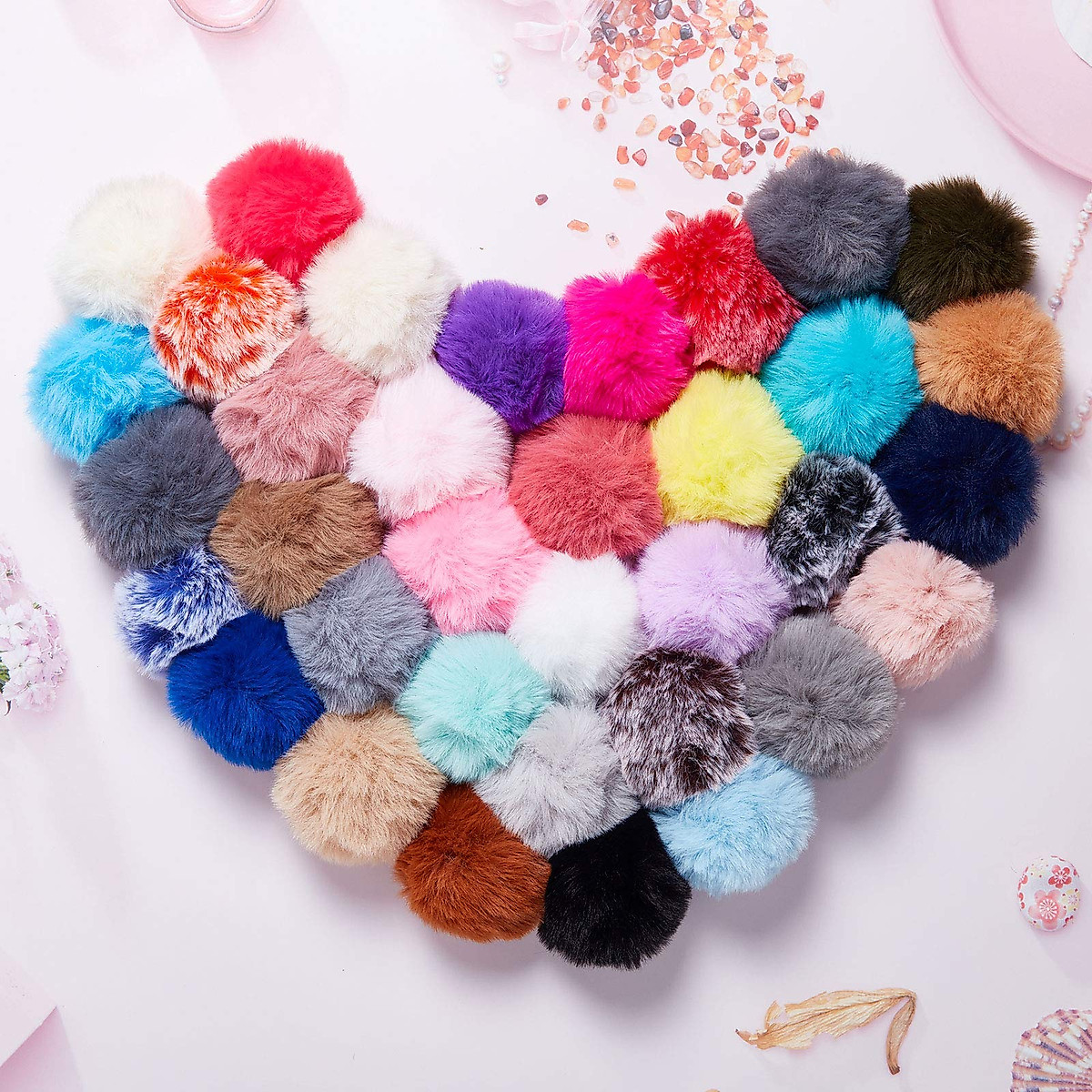 Hicarer 32 Pieces Pom Poms Keychains Fluffy Ball Faux Rabbit Fur Pompoms Keyring for Girls Women DIY Hats Shoes Bags Accessories
