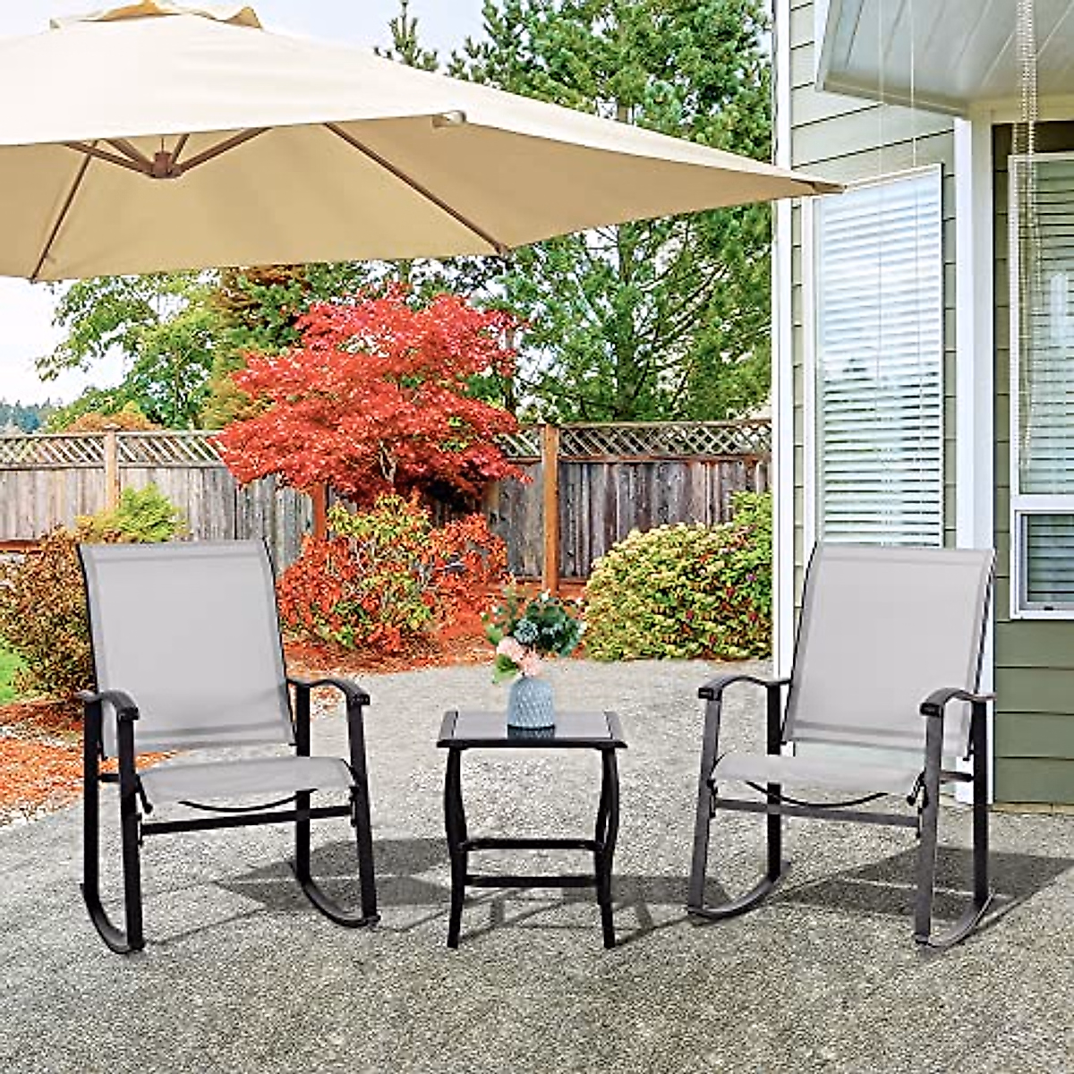 Vongrasig 3 Piece Outdoor Rocking Bistro Set, Textilene Fabric Small Patio Furniture Set, Front Porch Rocker Chairs Conversation Set with Glass Table for Lawn, Garden, Balcony, Poolside (Light Gray)