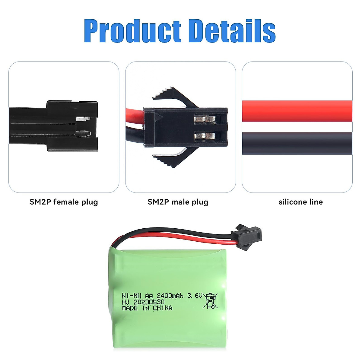 HJ 2 pcs 3.6V 2400mAh NI-MH 3xAA SM2P Battery with USB Charging Cable for Some Kind of RC Toy Car Boat Plane Flashlight Safe Equitment Electric Machine