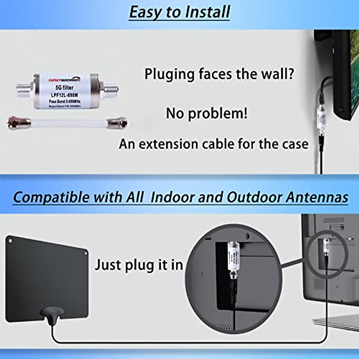 GROWORD-5G LTE Filter for TV Antenna Signal Purifier-Improve Digital HDTV Antenna and Amplifier Signals-4G/5G RF Filter Reduce Interference from Cell Phone Towers&Transmitters Frequency Range 5-698Mhz