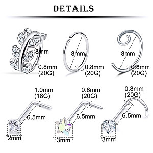 Kridzisw 18G Nose Rings Hoops Studs Piercing Jewelry for Women 18 Gauge Stainless Surgical Steel L Shaped Bend Screw Nose Ring Hoop Nose Rings Stud Nostril Piercing Jewelry Men Silver 2mm CZ Diamond