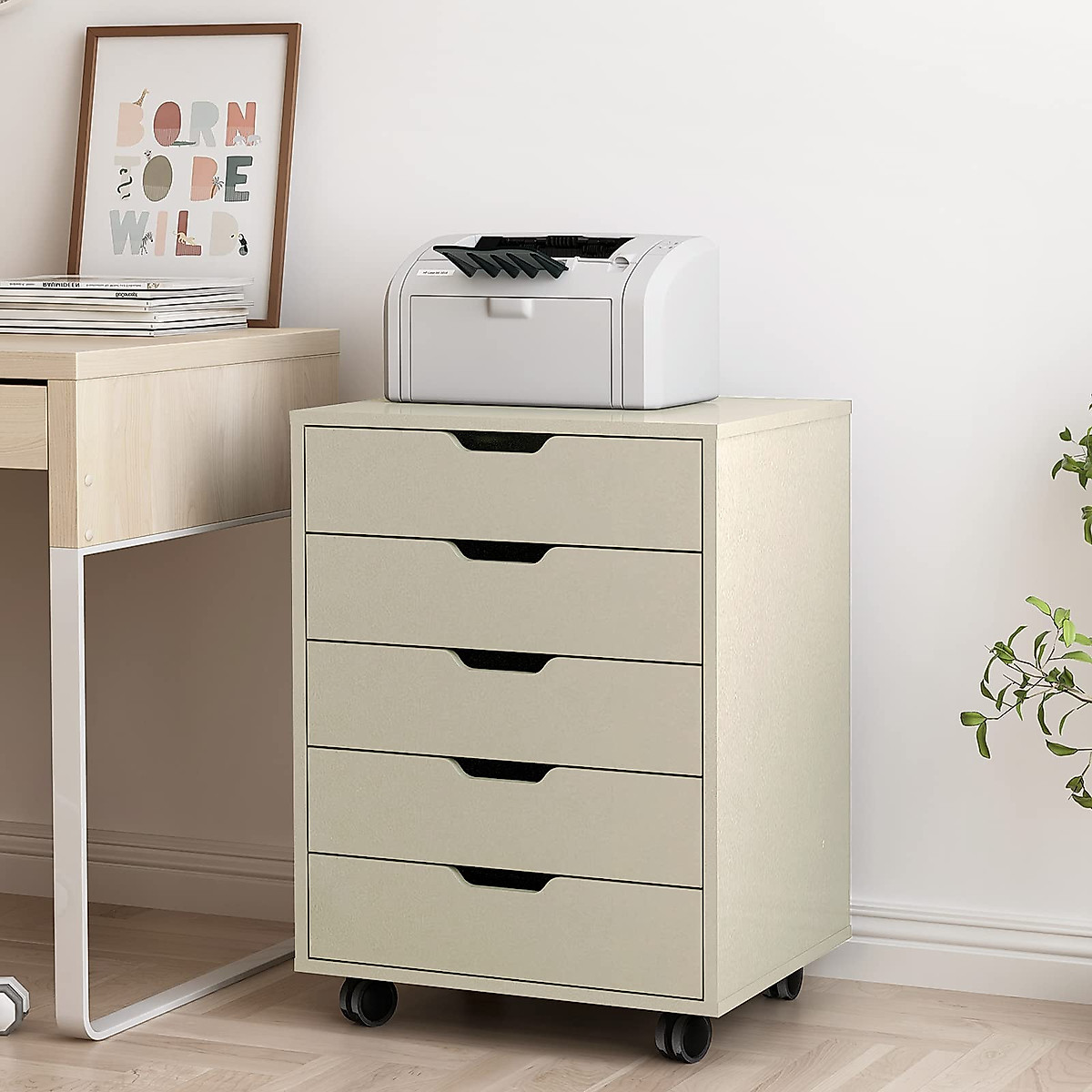 Salfanre Filing Cabinet 5 Drawer, Mobile Wood File Cabinet, Office Drawers, Under Desk Filing Cabinet, Office Storage Cabinet, Grey