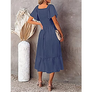 MEROKEETY Womens V Neck Smocked Midi Dress Ruffle Sleeve Elastic Waist Flowy Dress with Pockets, Dustyblue, S