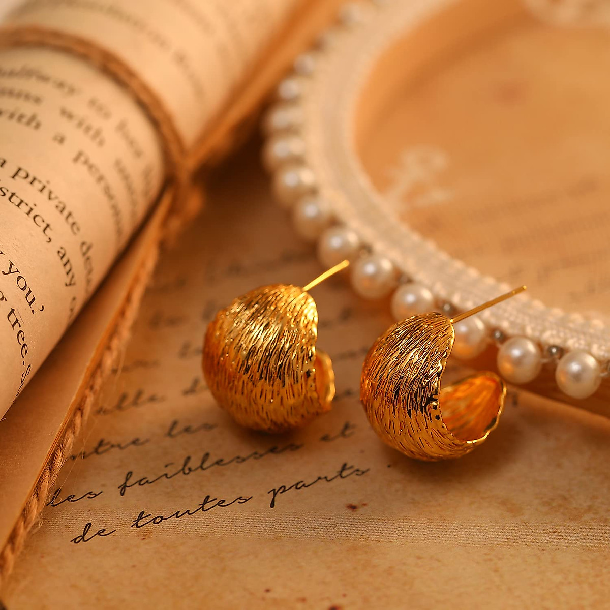 MRSXIA Hoop Earrings for Women Gold Chunky Dome Textured Half Open C-shape Stud 18K Gold Filled Small Simple Delicate Hypoallergenic Illusion Ear Jewelry