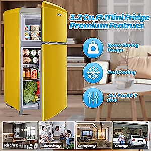 WANAI MIni Freezer 3.2 Cu.Ft Refrigerator 2 Door 7 Level Adjustable Thermostat Control Top-Freezer Refrigerator Lock Fresh Energy Saving Yellow