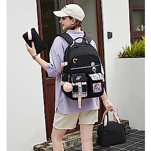 Hey Yoo Cute Backpack for School Backpack for Girls Backpack with Lunch Box Bookbag Set Kids Backpacks for Teen Girls (Black)