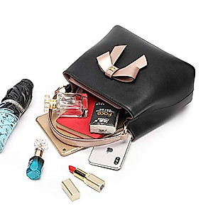 Leather Handbags for Women, Cow Leather Ladies Top Handle Bag with Adjustable Shoulder Strap Fluffy Ball Bow-knot Decoration Womens Small Designer Crossbody Totes Girls Cute Messenger Bag (Black)