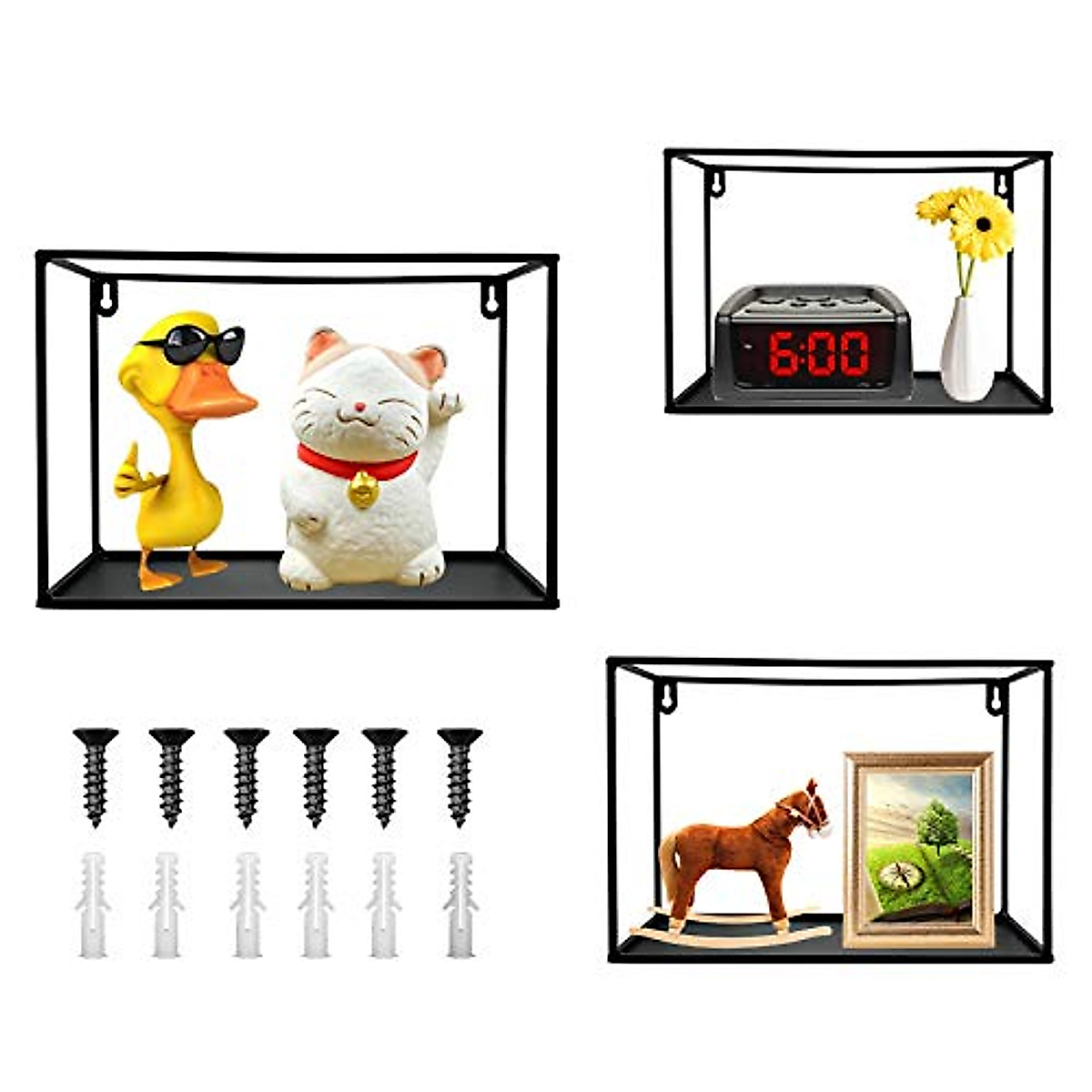 Metal Floating Shelves,Modern Metal Wire Frame Shadow Boxes, Decorative Wire Cube Floating Shelves,Set of 3, Black