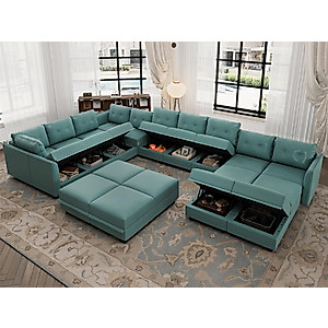 LLappuil Oversized Modular Sofa 21 Seater Sectional Couch with Storage, Large Faux Leather Fabric Waterproof U Shaped Sectional Couch for Living Room, Aqua Blue