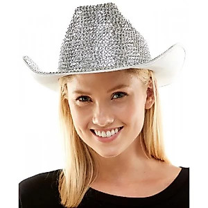 Silver Rhinestone Western Cowboy Hat for Womens - Glitter Cowgirl Hat for Disco Parties and Costumes
