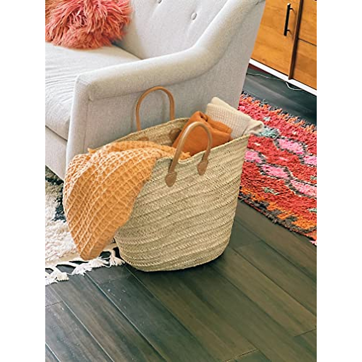 French Market Basket Bag | Handmade Moroccan Seagrass Baskets - Extra Extra Large (24x16) | Wicker Basket for Beach, Laundry, Toy, Blanket, Storage, Baby, or Picnic