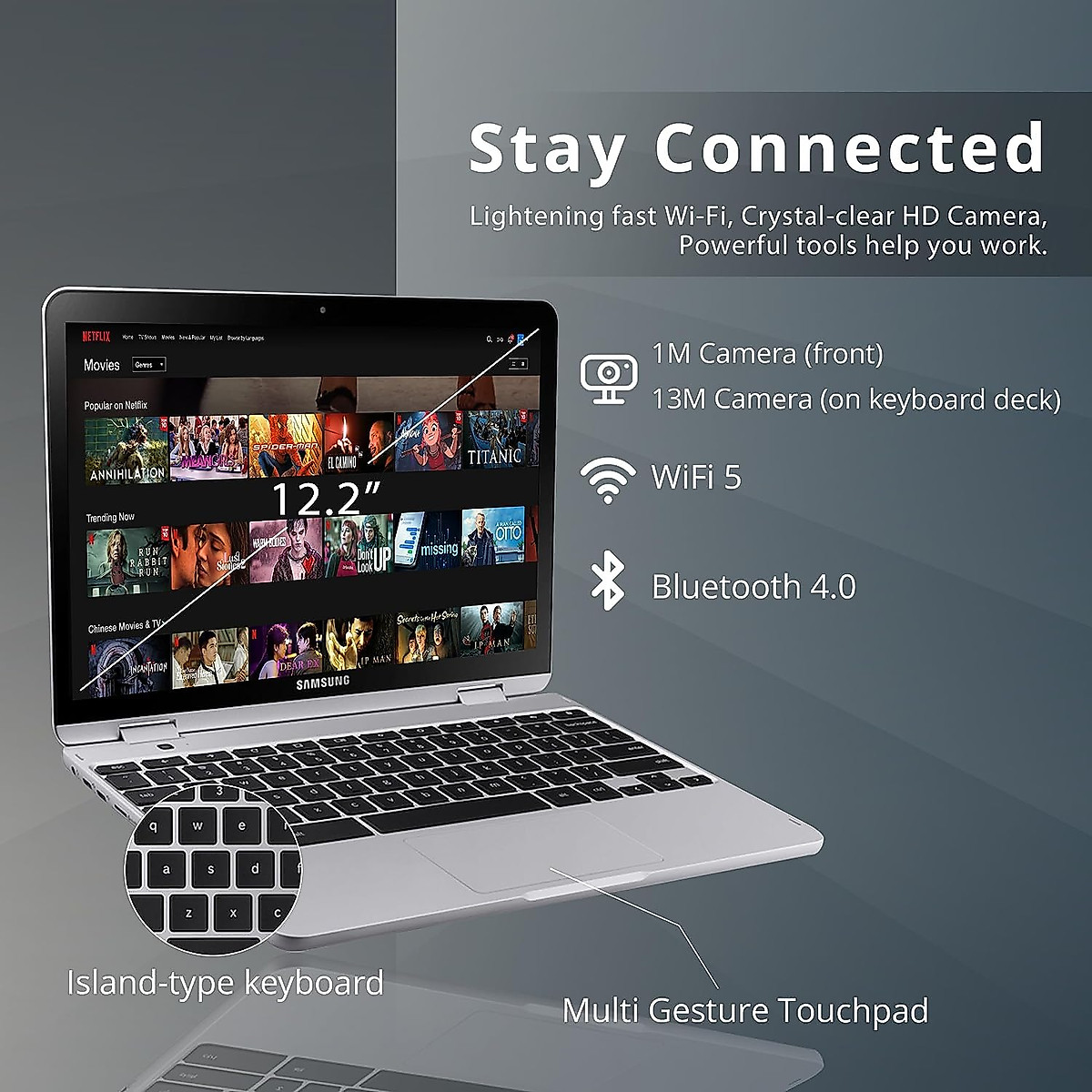 SAMSUNG Plus V2 2 in 1 12.2" FHD Touchscreen Chromebook Laptop Student, Intel Celeron 3965Y, 4GB RAM, 320GB Storage, Wi-Fi, Bluetooth, Zoom Meeting, Stylus Pen, Chrome OS, W/GM 256GB SD Card