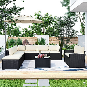 Quarte 9-Piece Outdoor Patio Furniture Large Sofa Set with Cushion and Glass Table, PE Wicker Rattan Garden Sectional Conversation Sofa Set for Backyard/Porch/Poolside (Beige+9)