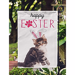Happy Easter Garden Flags ,Cat with Rabbit Ear 12x18inch Burlap Double Sided for Outside Decoration