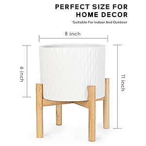 LaDoVita Ceramic Plant Pot with Stand, 8 Inch Planter with Wood Shelf, Modern Round Flower Pots Indoor with Wood Planter Holder, White Water Ripple Pattern