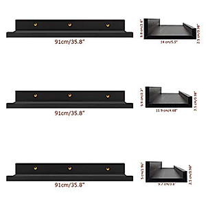 Lavezee 24 Inch + 36 Inch Black Floating Wall Ledge Shelves Set of 3