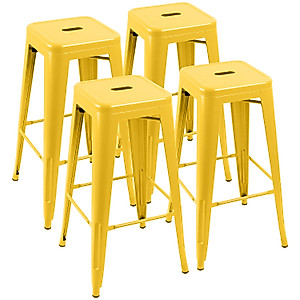 Furniwell 30 Inches Metal Bar Stools High Backless Tolix Indoor-Outdoor Stackable Barstool with Square Counter Seat Set of 4 (Yellow)