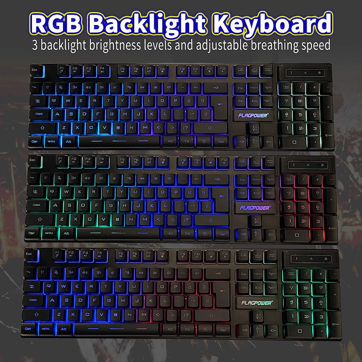 FLAGPOWER Gaming Keyboard and Mouse, Gaming Mouse Pad Combo, 3 Colors Changeable Backlit Mechanical Feeling Keyboard with 4 Colors Breathing LED Backlight Mouse for PC Laptop Computer Game and Work