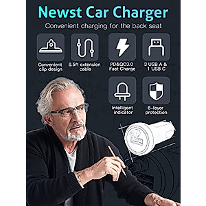 USB C Car Charger，SUMKUMY 74W Fast Car Phone Charger PD&QC3.0 with 6.5ft Cable for Back Seat Charging，4 Multi Ports Cigarette Lighter Adapter for iPhone 13/12/11，Samsung Galaxy S22/21，Google Pixel