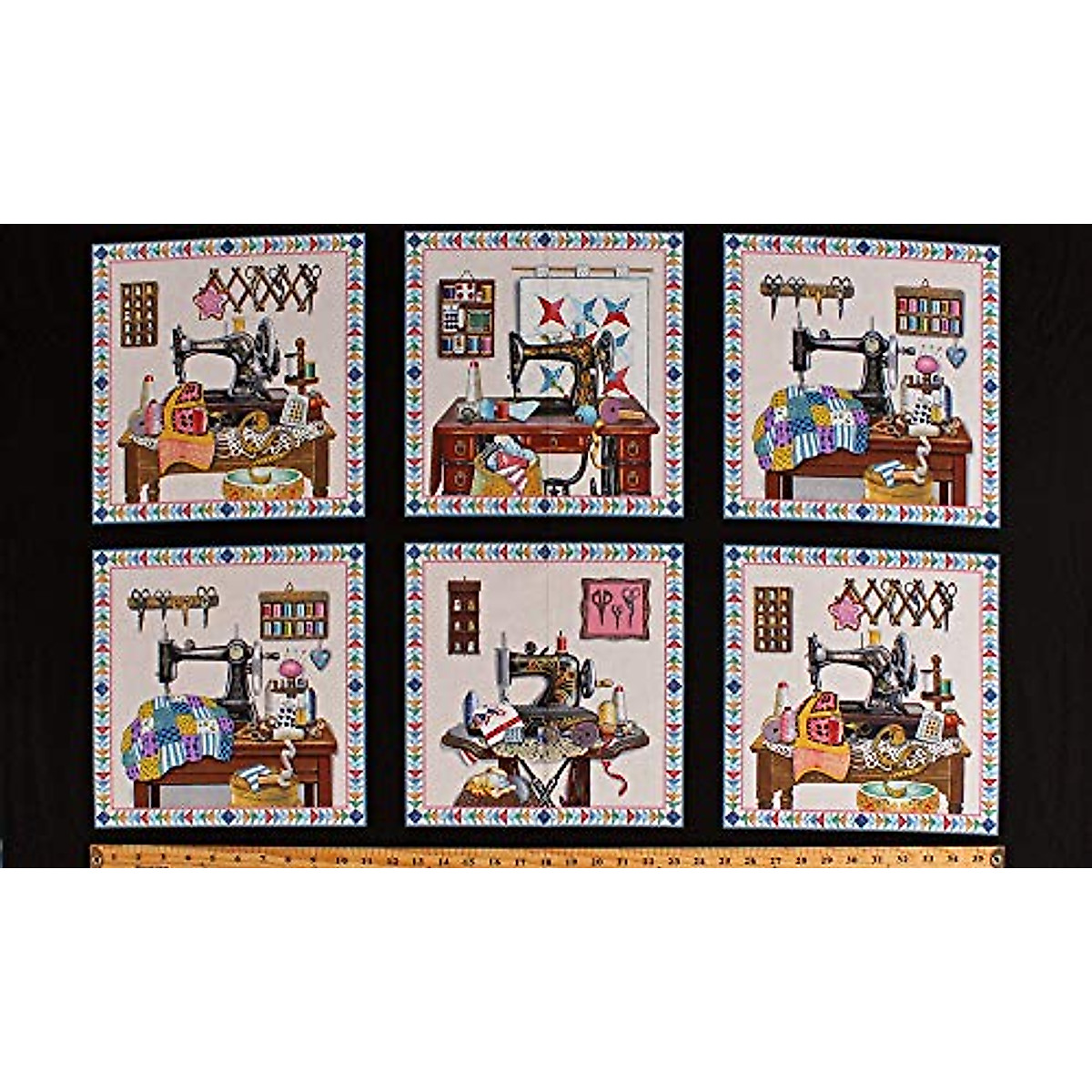 23.5" X 44" Panel Sewing Machines Sewing Room Quilting Quilters Seamstress Tools Blocks on Black A Stitch in Time Cotton Fabric Panel (D380.23)