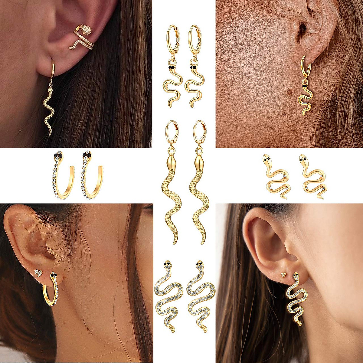 ZITULRY 9 Pairs Snake Earrings Charm Huggie Hoop Earrings Set Punk Rhinestone Serpent Drop Dangle Stud Earrings Minimalist Crystal Long Snake Earrings for Women Girls Jewelry Gift,Gold